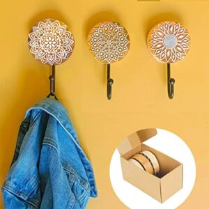 mandala life art boho chic decorative wall hook - pack of 3 - natural raw mango wood - hand curved wooden stamp with metal hook for coats,towels, keys,clothes - jewelry hanger