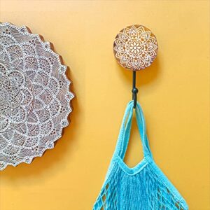 Mandala Life ART Boho Chic Decorative Wall Hook - Pack of 3 - Natural Raw Mango Wood - Hand Curved Wooden Stamp with Metal Hook for Coats,Towels, Keys,Clothes - Jewelry Hanger