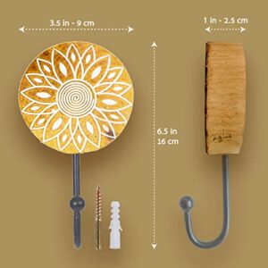 Mandala Life ART Boho Chic Decorative Wall Hook - Pack of 3 - Natural Raw Mango Wood - Hand Curved Wooden Stamp with Metal Hook for Coats,Towels, Keys,Clothes - Jewelry Hanger