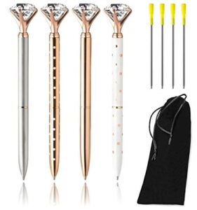 4 big diamond pens rose gold & silver – 4 black ink refills & cute velvet gift bag, top cool school & bling office supplies for women girls coworker, fancy crystal jewel writing ballpoint pen bulk set