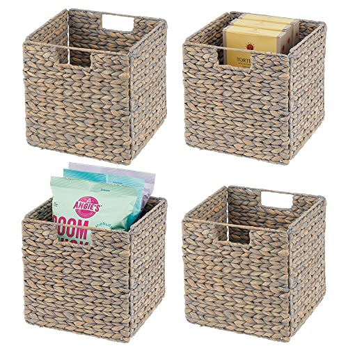 mDesign Natural Woven Hyacinth Cube Storage Bin Basket Organizer with Handles for Kitchen Pantry, Cabinet, Cupboard, Shelf/Cubby Organization, Hold Food, Drinks, Snacks, Appliances, 4 Pack, Gray Wash