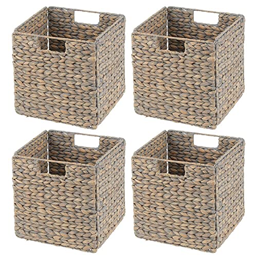 mDesign Natural Woven Hyacinth Cube Storage Bin Basket Organizer with Handles for Kitchen Pantry, Cabinet, Cupboard, Shelf/Cubby Organization, Hold Food, Drinks, Snacks, Appliances, 4 Pack, Gray Wash