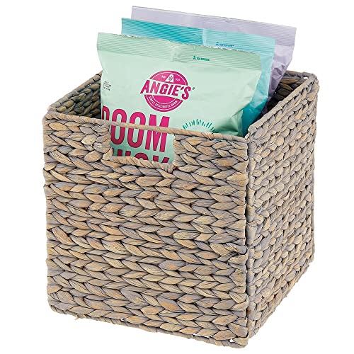 mDesign Natural Woven Hyacinth Cube Storage Bin Basket Organizer with Handles for Kitchen Pantry, Cabinet, Cupboard, Shelf/Cubby Organization, Hold Food, Drinks, Snacks, Appliances, 4 Pack, Gray Wash