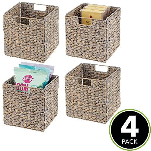 mDesign Natural Woven Hyacinth Cube Storage Bin Basket Organizer with Handles for Kitchen Pantry, Cabinet, Cupboard, Shelf/Cubby Organization, Hold Food, Drinks, Snacks, Appliances, 4 Pack, Gray Wash