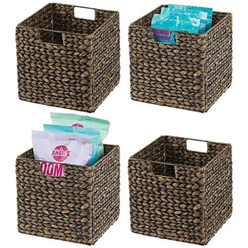 mDesign Natural Woven Hyacinth Cube Storage Bin Basket Organizer with Handles for Kitchen Pantry, Cabinet, Cupboard, Shelf/Cubby Organization, Hold Food, Drinks, Snacks, Appliances, 4 Pack, Black Wash