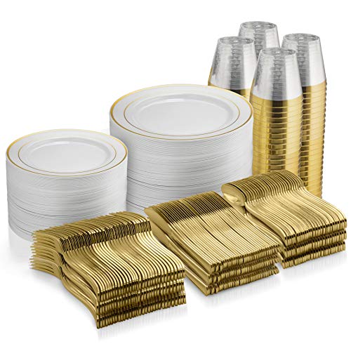 Munfix 600 Piece Gold Dinnerware Set - 100 Gold Rim 10 inch Plastic Plates 100 Gold Rim 7 Inch Plates -300 Gold Plastic Silverware - 100 Gold Plastic Cups - 100 Guest Disposable Gold Dinnerware Set