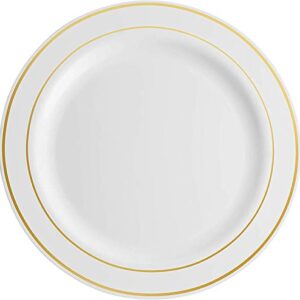 Munfix 600 Piece Gold Dinnerware Set - 100 Gold Rim 10 inch Plastic Plates 100 Gold Rim 7 Inch Plates -300 Gold Plastic Silverware - 100 Gold Plastic Cups - 100 Guest Disposable Gold Dinnerware Set