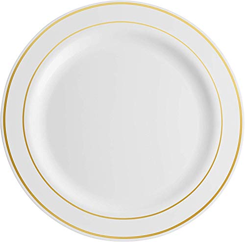 Munfix 600 Piece Gold Dinnerware Set - 100 Gold Rim 10 inch Plastic Plates 100 Gold Rim 7 Inch Plates -300 Gold Plastic Silverware - 100 Gold Plastic Cups - 100 Guest Disposable Gold Dinnerware Set