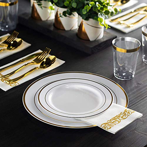 Munfix 600 Piece Gold Dinnerware Set - 100 Gold Rim 10 inch Plastic Plates 100 Gold Rim 7 Inch Plates -300 Gold Plastic Silverware - 100 Gold Plastic Cups - 100 Guest Disposable Gold Dinnerware Set