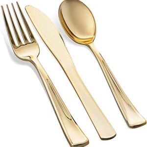 Munfix 600 Piece Gold Dinnerware Set - 100 Gold Rim 10 inch Plastic Plates 100 Gold Rim 7 Inch Plates -300 Gold Plastic Silverware - 100 Gold Plastic Cups - 100 Guest Disposable Gold Dinnerware Set