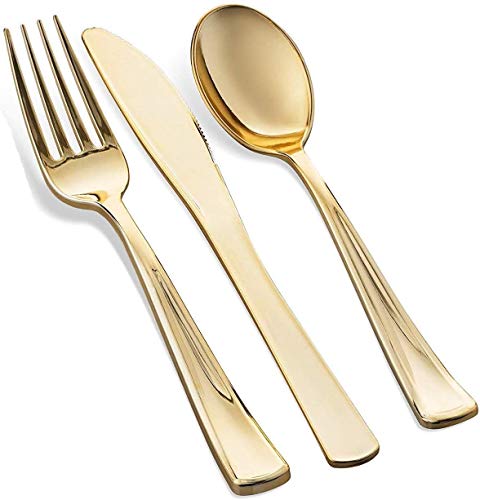 Munfix 600 Piece Gold Dinnerware Set - 100 Gold Rim 10 inch Plastic Plates 100 Gold Rim 7 Inch Plates -300 Gold Plastic Silverware - 100 Gold Plastic Cups - 100 Guest Disposable Gold Dinnerware Set