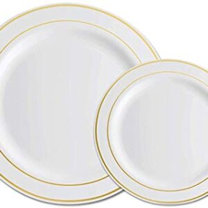 Munfix 600 Piece Gold Dinnerware Set - 100 Gold Rim 10 inch Plastic Plates 100 Gold Rim 7 Inch Plates -300 Gold Plastic Silverware - 100 Gold Plastic Cups - 100 Guest Disposable Gold Dinnerware Set