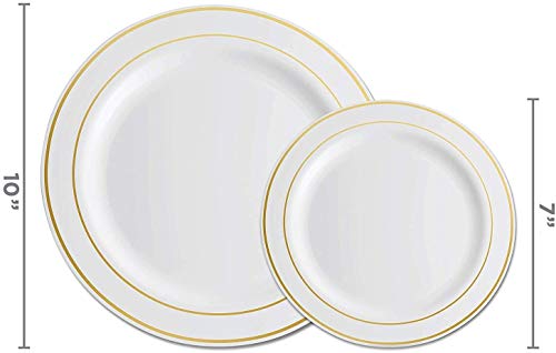 Munfix 600 Piece Gold Dinnerware Set - 100 Gold Rim 10 inch Plastic Plates 100 Gold Rim 7 Inch Plates -300 Gold Plastic Silverware - 100 Gold Plastic Cups - 100 Guest Disposable Gold Dinnerware Set