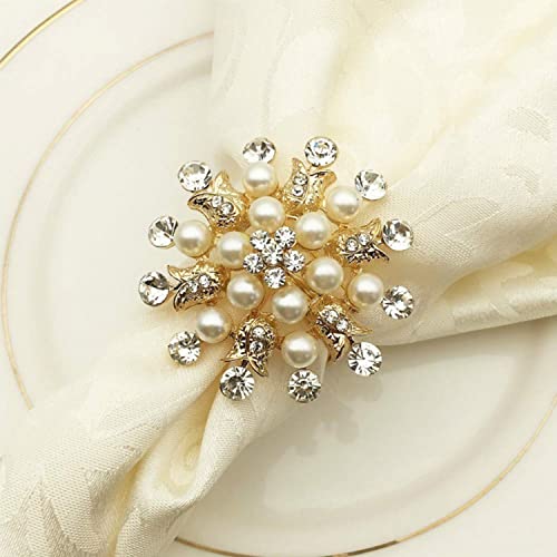 Joyindecor Napkin Rings Set of 6-Flower Pearl Rhinestone Napkin Ring Holder for Wedding Party Home Kitchen Dining Table Linen Accessories (Golden)