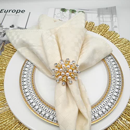 Joyindecor Napkin Rings Set of 6-Flower Pearl Rhinestone Napkin Ring Holder for Wedding Party Home Kitchen Dining Table Linen Accessories (Golden)