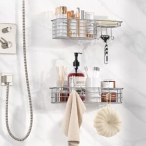 SMARTAKE 2-Pack Shower Caddy, Combined Bathroom Shelf with Soap Dish and Hooks for Hanging Razor Brush Sponge, Wall Mounted Rustproof Basket with Adhesive, No Drilling, 304 Stainless Steel, Silver