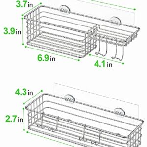 SMARTAKE 2-Pack Shower Caddy, Combined Bathroom Shelf with Soap Dish and Hooks for Hanging Razor Brush Sponge, Wall Mounted Rustproof Basket with Adhesive, No Drilling, 304 Stainless Steel, Silver