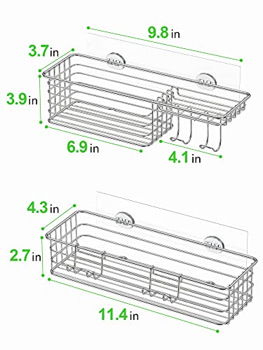 SMARTAKE 2-Pack Shower Caddy, Combined Bathroom Shelf with Soap Dish and Hooks for Hanging Razor Brush Sponge, Wall Mounted Rustproof Basket with Adhesive, No Drilling, 304 Stainless Steel, Silver