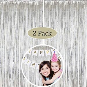 moohome 2 pack silver foil fringe curtain, fringe backdrop curtains for birthday wedding engagement bridal shower bachelorette party decorations