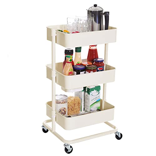 SONGMICS 3-Tier Metal Rolling Cart, Utility Cart, Kitchen Cart with Adjustable Shelves, Storage Trolley with 2 Brakes, Easy Assembly, for Kitchen, Office, Bathroom, Beige UBSC60WT