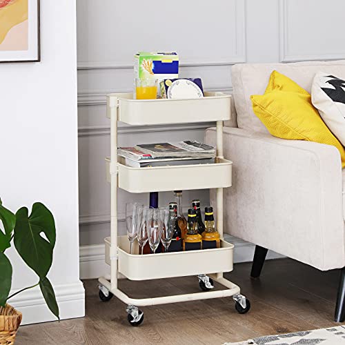 SONGMICS 3-Tier Metal Rolling Cart, Utility Cart, Kitchen Cart with Adjustable Shelves, Storage Trolley with 2 Brakes, Easy Assembly, for Kitchen, Office, Bathroom, Beige UBSC60WT