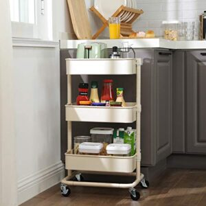 SONGMICS 3-Tier Metal Rolling Cart, Utility Cart, Kitchen Cart with Adjustable Shelves, Storage Trolley with 2 Brakes, Easy Assembly, for Kitchen, Office, Bathroom, Beige UBSC60WT