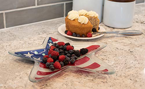 Patriotic American Star Red White Blue 13 x 13 Glass Independence Day Platter