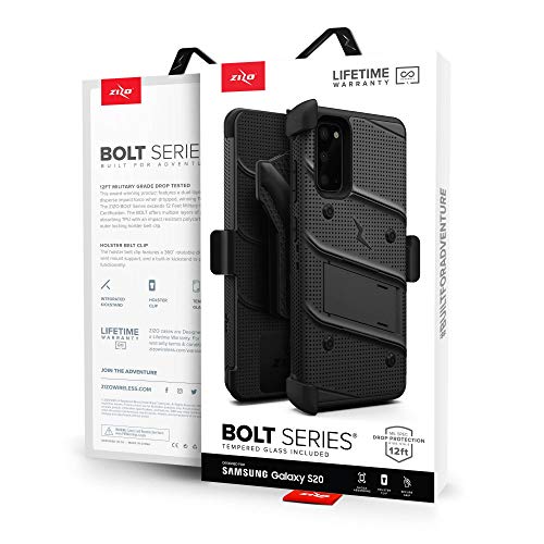 Zizo Bolt Series for Galaxy S20 Case with Kickstand Holster Lanyard - Black