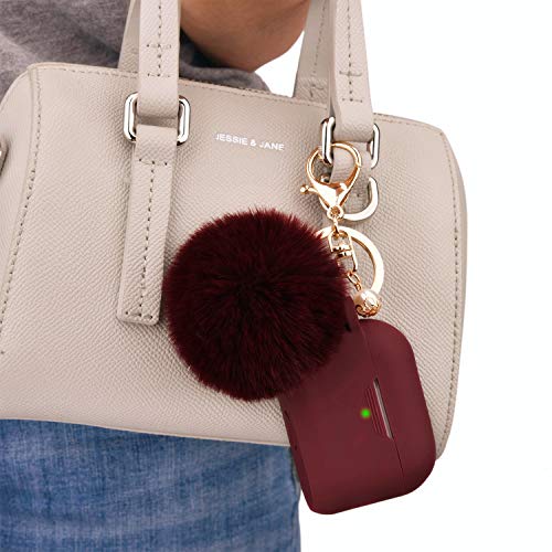 Case for Airpods Pro, Filoto Airpod Pro Case Cover for Apple AirPods Pro (2019), Cute Protective Silicone Case Accessories with Pompom Keychain for Women Girl (Burgundy pro)