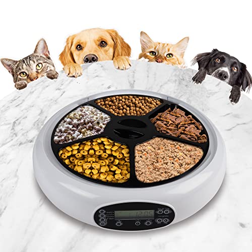 Lentek 5 Meal Automatic Pet Feeder with Voice Message, White, Wet and Dry Food Dispenser for Cat or Dog, 5 oz Compartments for Portion Control, 25 oz Total Capacity