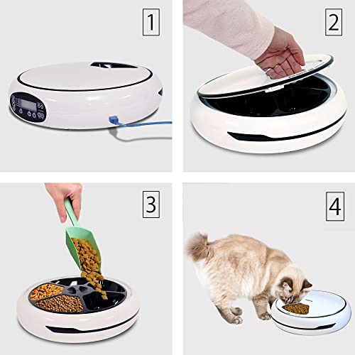 Lentek 5 Meal Automatic Pet Feeder with Voice Message, White, Wet and Dry Food Dispenser for Cat or Dog, 5 oz Compartments for Portion Control, 25 oz Total Capacity