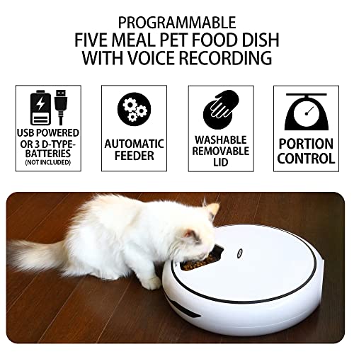 Lentek 5 Meal Automatic Pet Feeder with Voice Message, White, Wet and Dry Food Dispenser for Cat or Dog, 5 oz Compartments for Portion Control, 25 oz Total Capacity