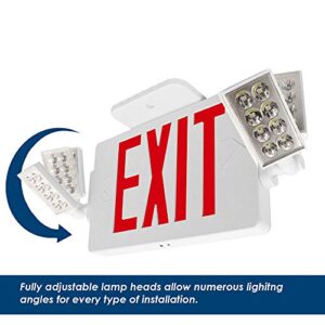 LFI Lights | Thin Combo Red Exit Sign with Emergency Lights | White Housing | All LED | Two Adjustable Heads | Hardwired with Battery Backup | UL Listed | (1 Pack) | COMBOT-R