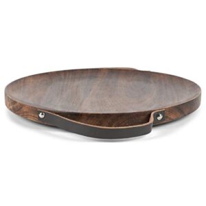 Round Natural Dark Finish 16 x 16 Mango Wood Round Tray With Leather Handles