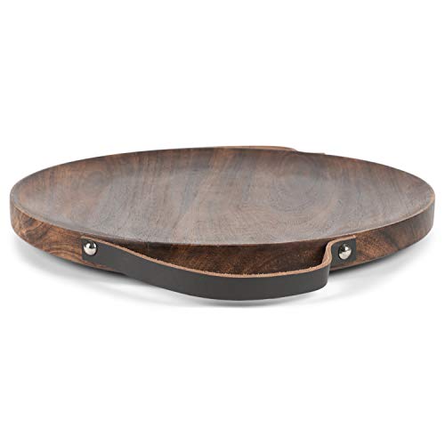 Round Natural Dark Finish 16 x 16 Mango Wood Round Tray With Leather Handles