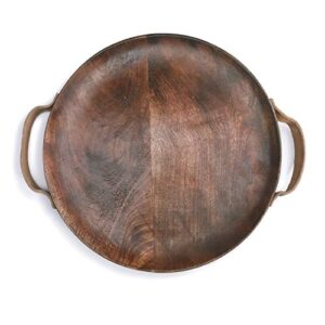 round natural dark finish 16 x 16 mango wood round tray with leather handles