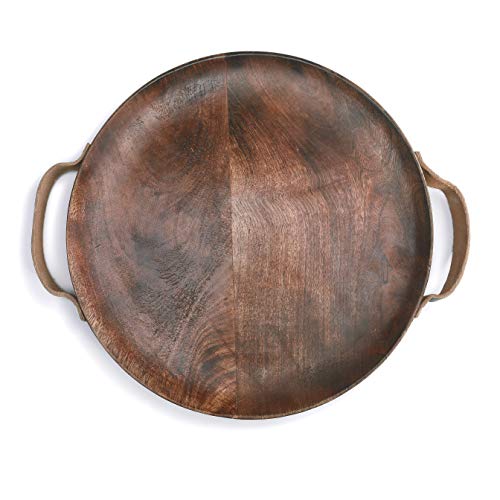 Round Natural Dark Finish 16 x 16 Mango Wood Round Tray With Leather Handles