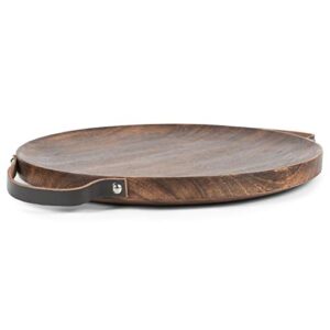 Round Natural Dark Finish 16 x 16 Mango Wood Round Tray With Leather Handles