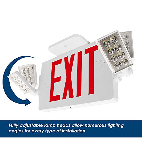 LFI Lights | Thin Combo Red Exit Sign with Emergency Lights | White Housing | All LED | Two Adjustable Heads | Hardwired with Battery Backup | UL Listed | (2 Pack) | COMBOT-R