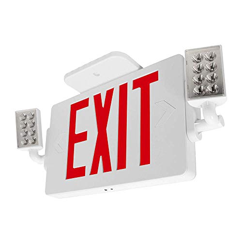 LFI Lights | Thin Combo Red Exit Sign with Emergency Lights | White Housing | All LED | Two Adjustable Heads | Hardwired with Battery Backup | UL Listed | (2 Pack) | COMBOT-R