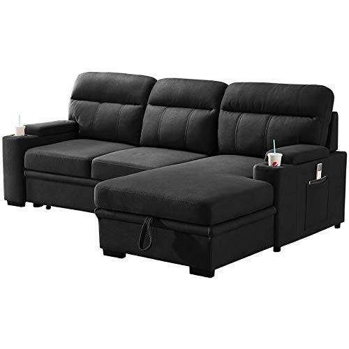 Lilola Home Kaden Black Fabric Sleeper Sectional Sofa Chaise with Storage Arms and Cupholder