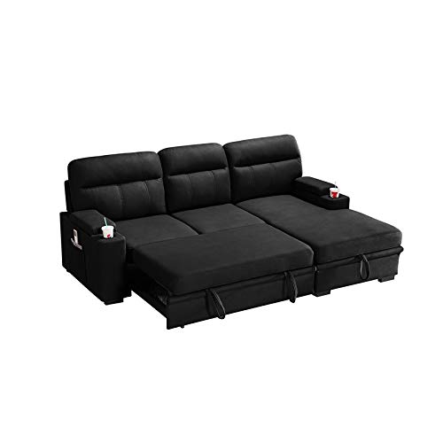 Lilola Home Kaden Black Fabric Sleeper Sectional Sofa Chaise with Storage Arms and Cupholder