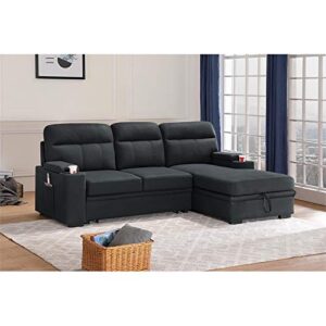 Lilola Home Kaden Black Fabric Sleeper Sectional Sofa Chaise with Storage Arms and Cupholder