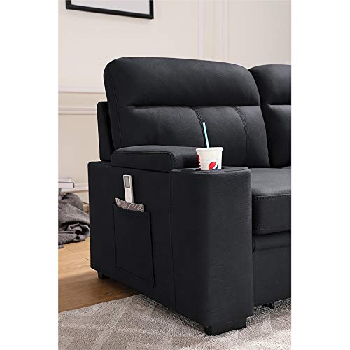 Lilola Home Kaden Black Fabric Sleeper Sectional Sofa Chaise with Storage Arms and Cupholder