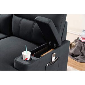 Lilola Home Kaden Black Fabric Sleeper Sectional Sofa Chaise with Storage Arms and Cupholder