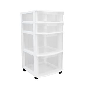 gracious living resin clear 4 drawer storage chest system with removable rolling casters for garage, basement, utility room, and laundry room, white