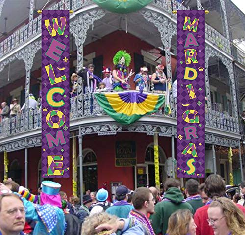 Mardi Gras Party Decorations Porch Sign Hanging Backdrop Banner - Carnival Birthday Party Supplies Photo Booth Prop Masquerade Wall Decoration Indoor/Outdoor