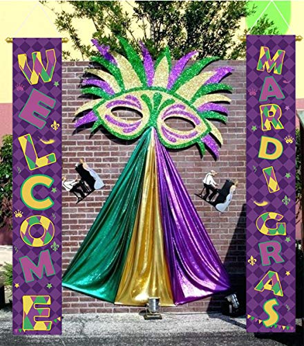 Mardi Gras Party Decorations Porch Sign Hanging Backdrop Banner - Carnival Birthday Party Supplies Photo Booth Prop Masquerade Wall Decoration Indoor/Outdoor