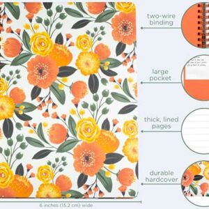 Steel Mill & Co Cute Mini Spiral Notebook, 8.25" x 6.25" Journal with Durable Hardcover and 160 Lined Pages, Orange Floral