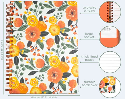 Steel Mill & Co Cute Mini Spiral Notebook, 8.25" x 6.25" Journal with Durable Hardcover and 160 Lined Pages, Orange Floral